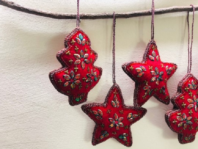 Red Beaded Star Decoration – Recycled Bags